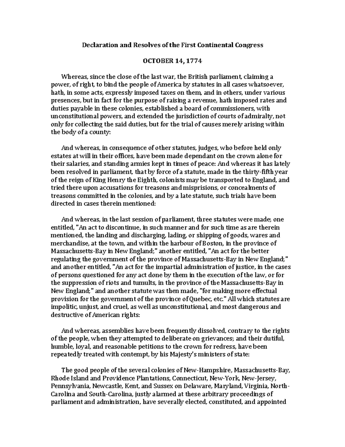 Declaration and Resolves of the First Continental Congress (1774) - Studocu