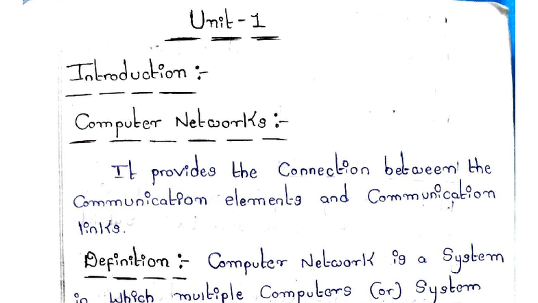 CN - UNIT 1 - Introduction to Computer Networks and Topologies - Studocu