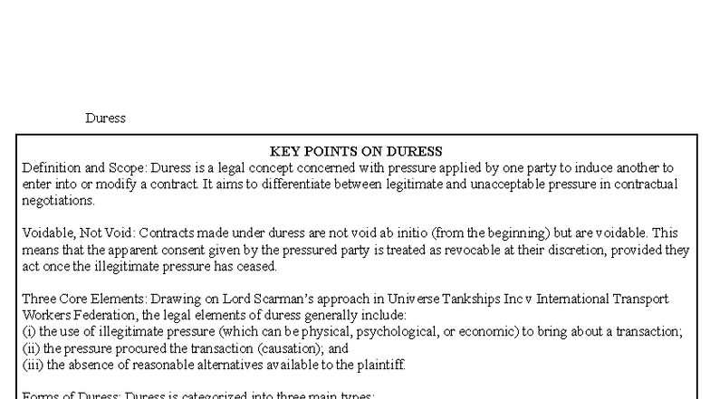 Duress: Key Points and Legal Implications in Contract Law - Studocu