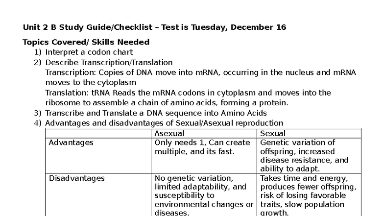 Unit 2B Study Guide: Genetics & Protein Synthesis Review - Studocu