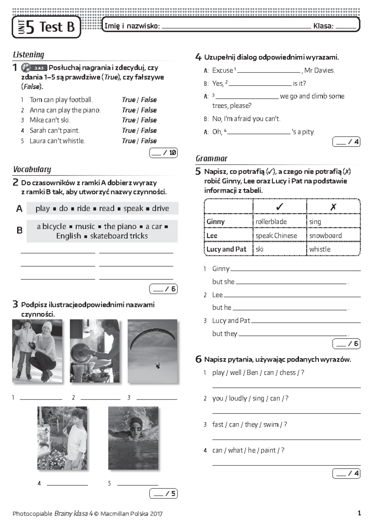 Brainy 4 Unit Test 5B: Listening and Vocabulary Exercises - Studocu