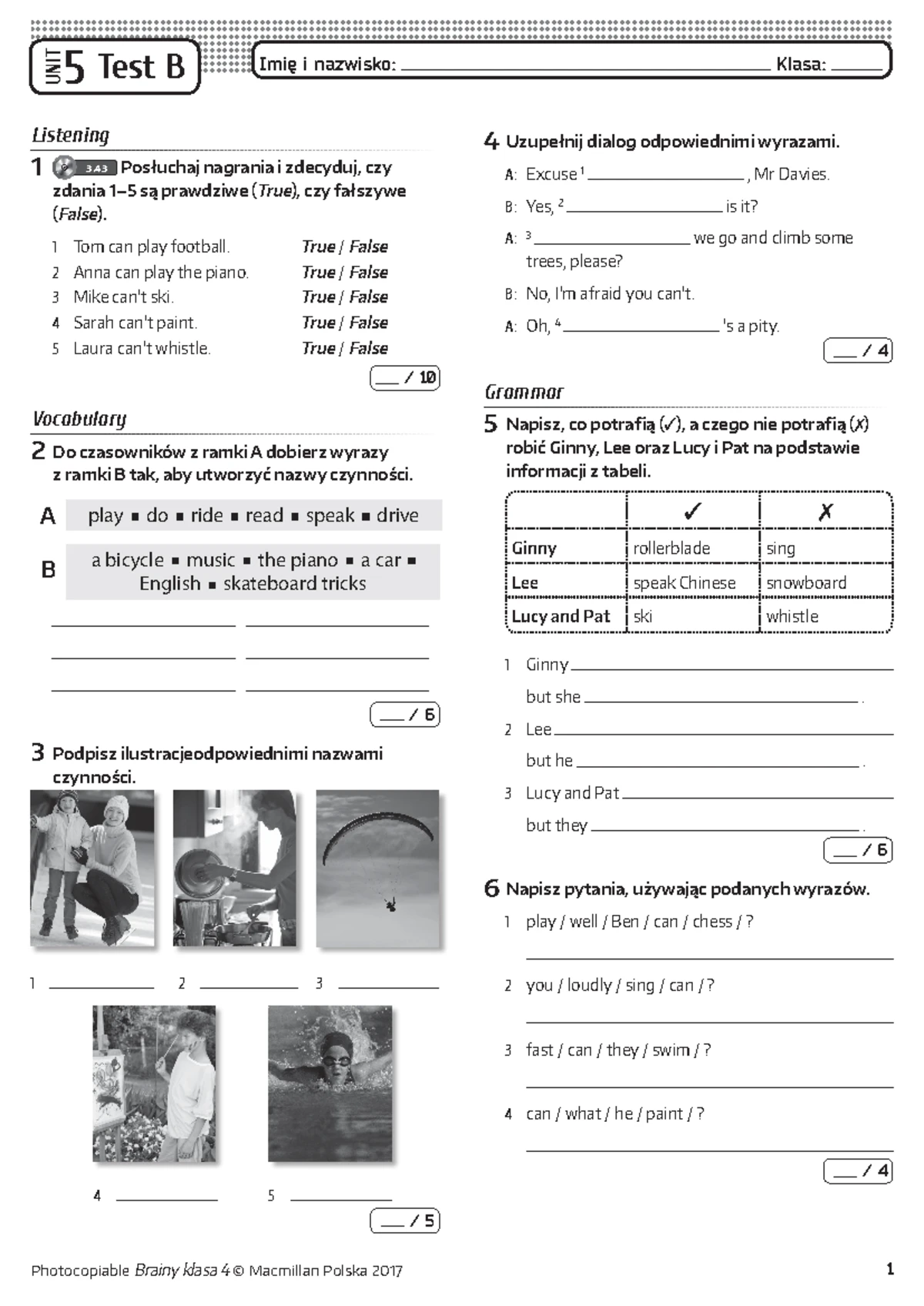 Brainy 4 Unit Test 4 B - Photocopiable Brainy klasa 4 © Macmillan ...