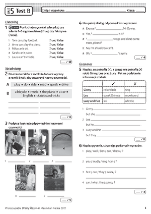 Brainy 4 Unit Test 6A - Listening, Vocabulary & Grammar Questions - Studocu