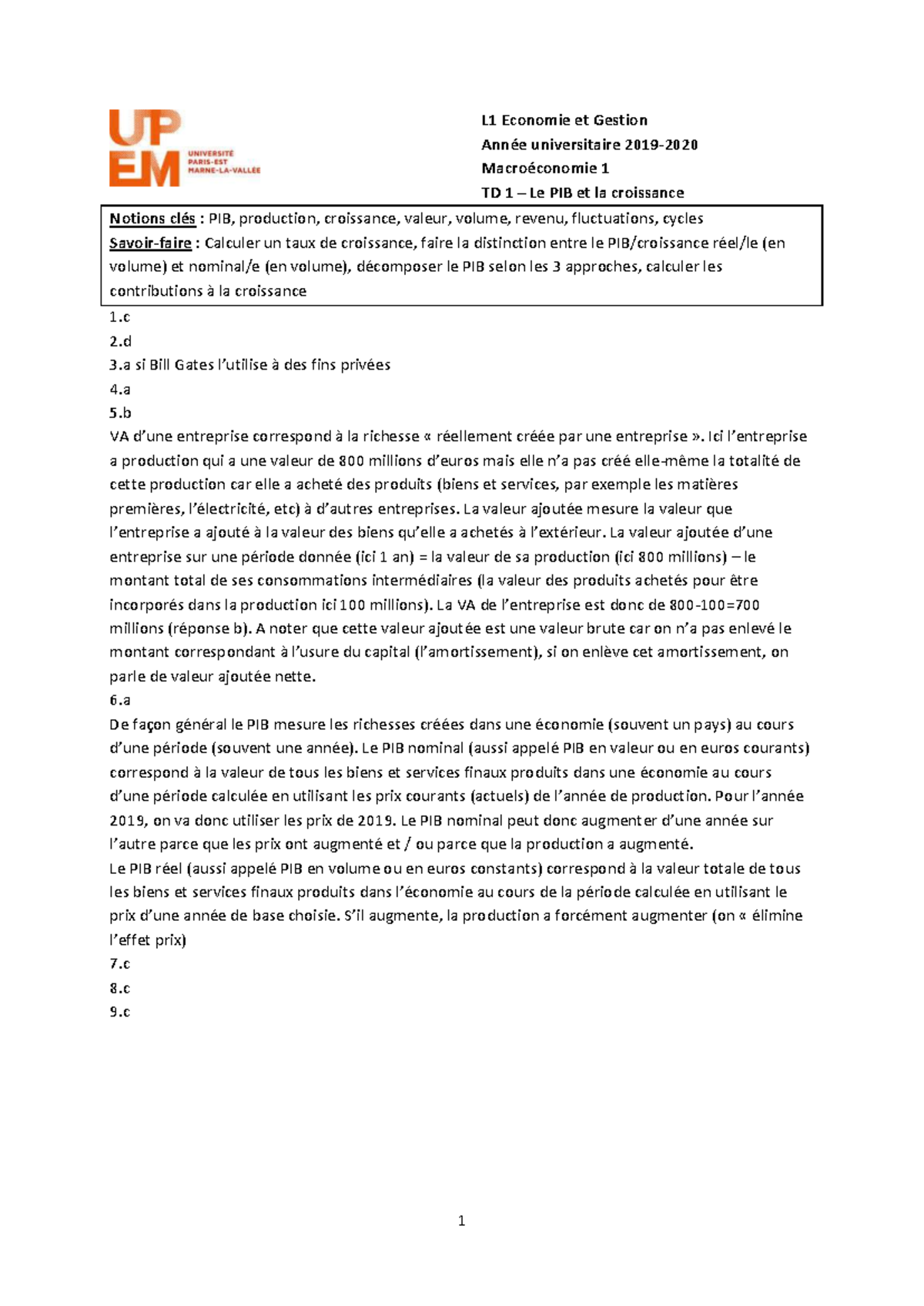 TD1 corrigé - L1 Economie et Gestion Année universitaire 2019- Macroéconomie 1 TD 1 – Le PIB et ...