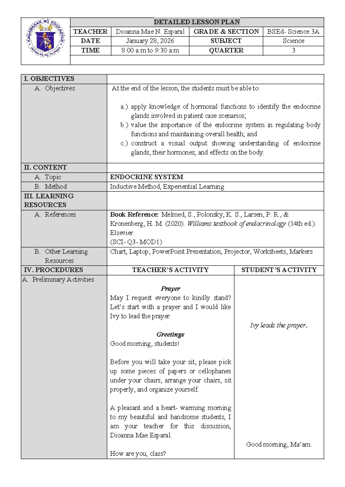 Grade 9 Science 3A: Detailed Lesson Plan on Endocrine System - Studocu
