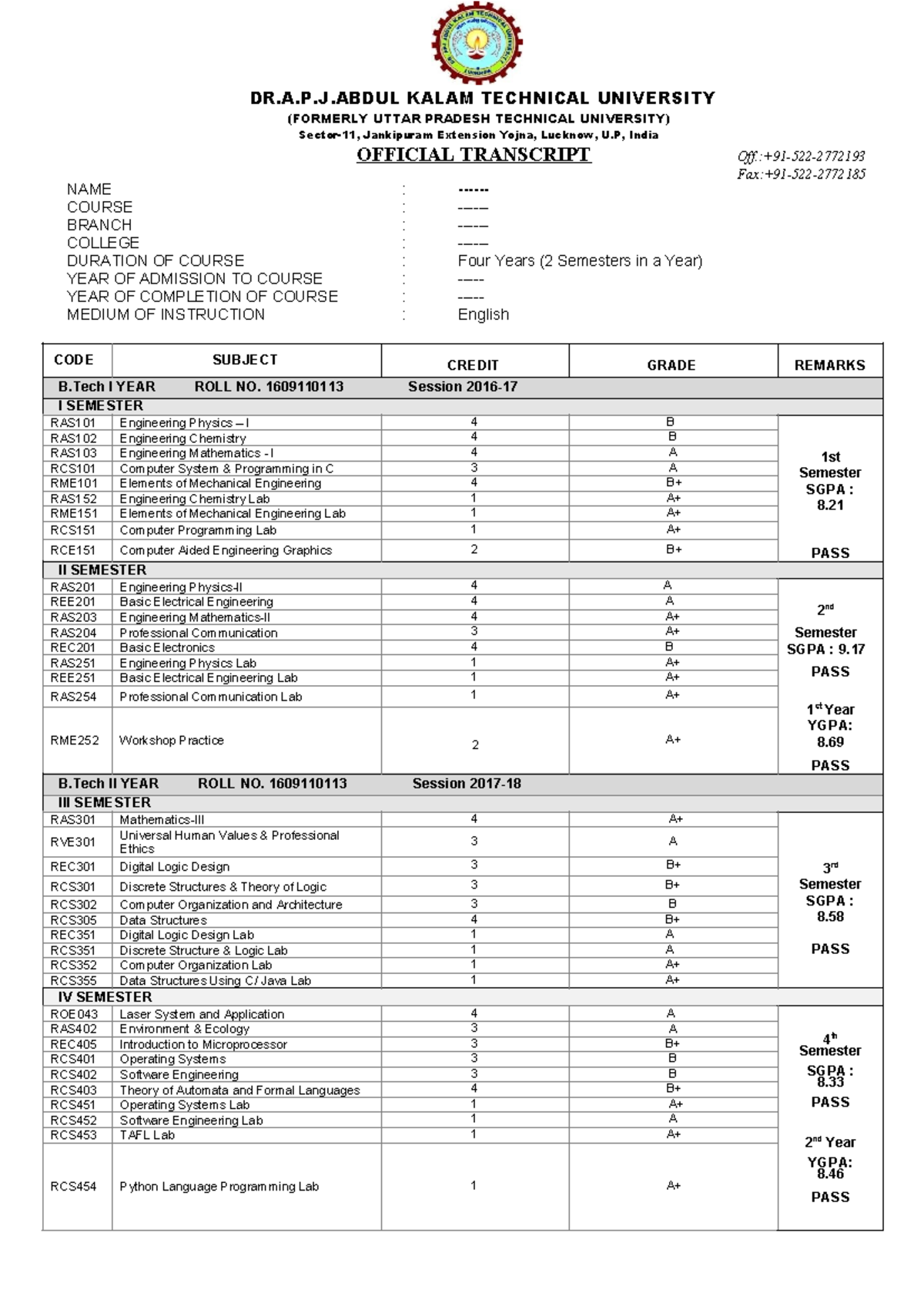 B.Tech Transcript Format - Session 2016-2019 Overview - Studocu