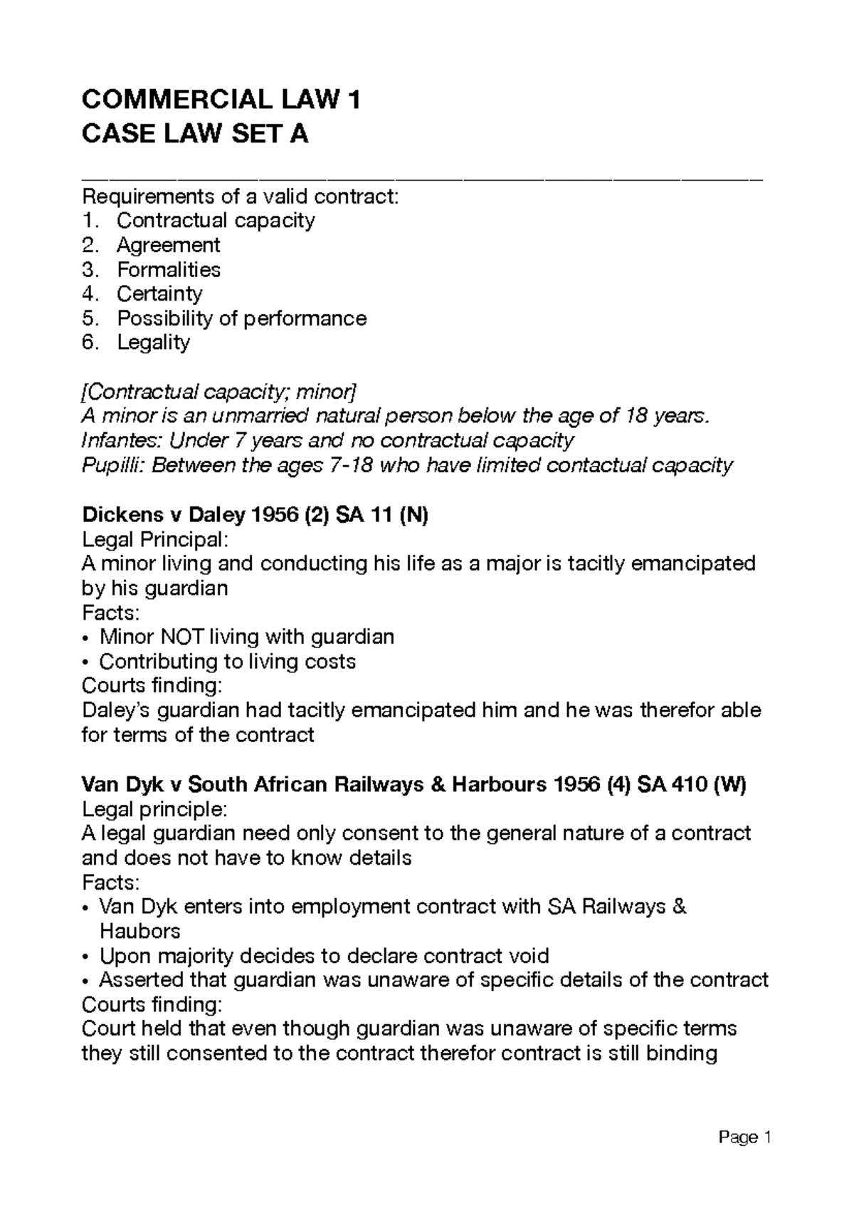 Summary of prescribed case law incl. legal principle, facts and courts ...