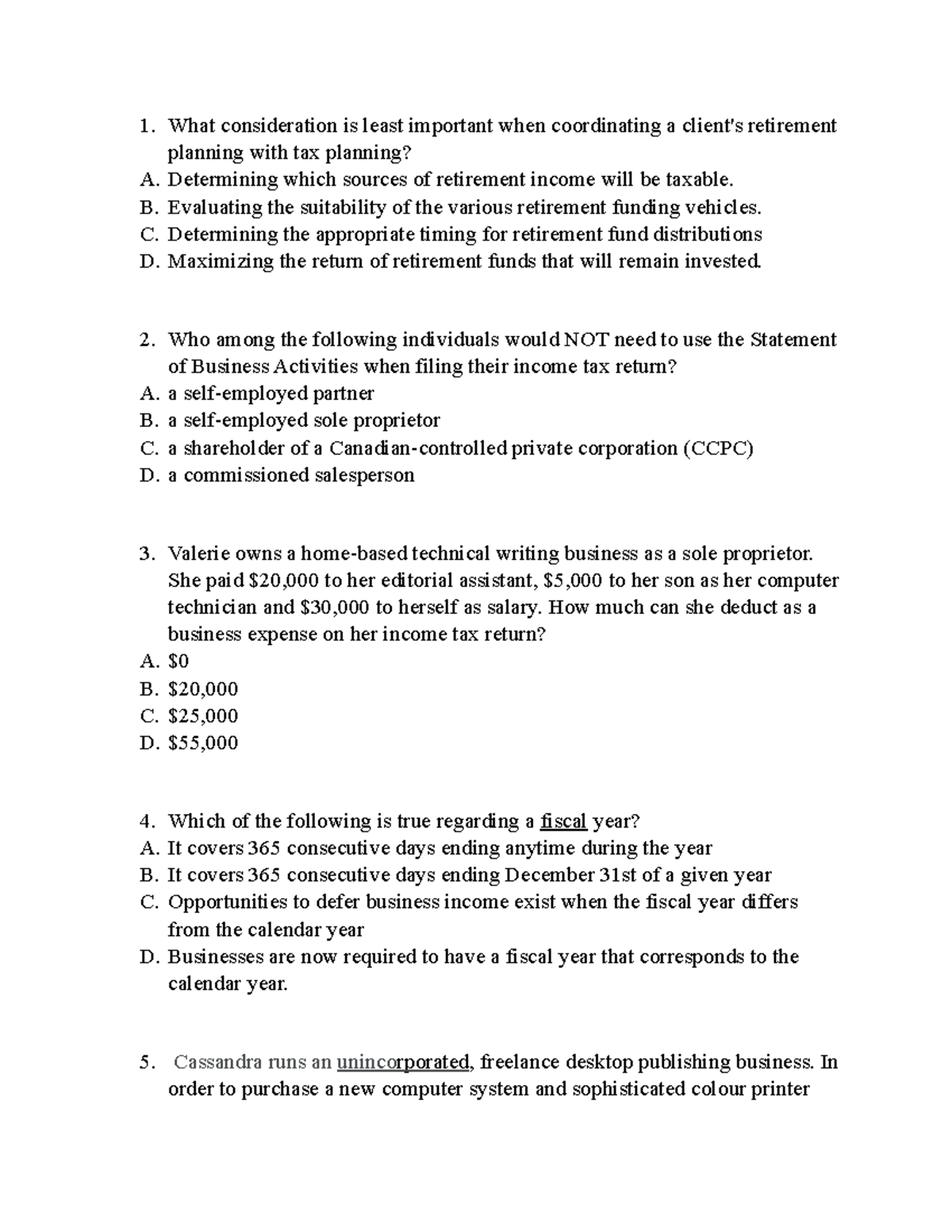 Practice Questions for TEST #1: Tax Planning & Business Income - Studocu