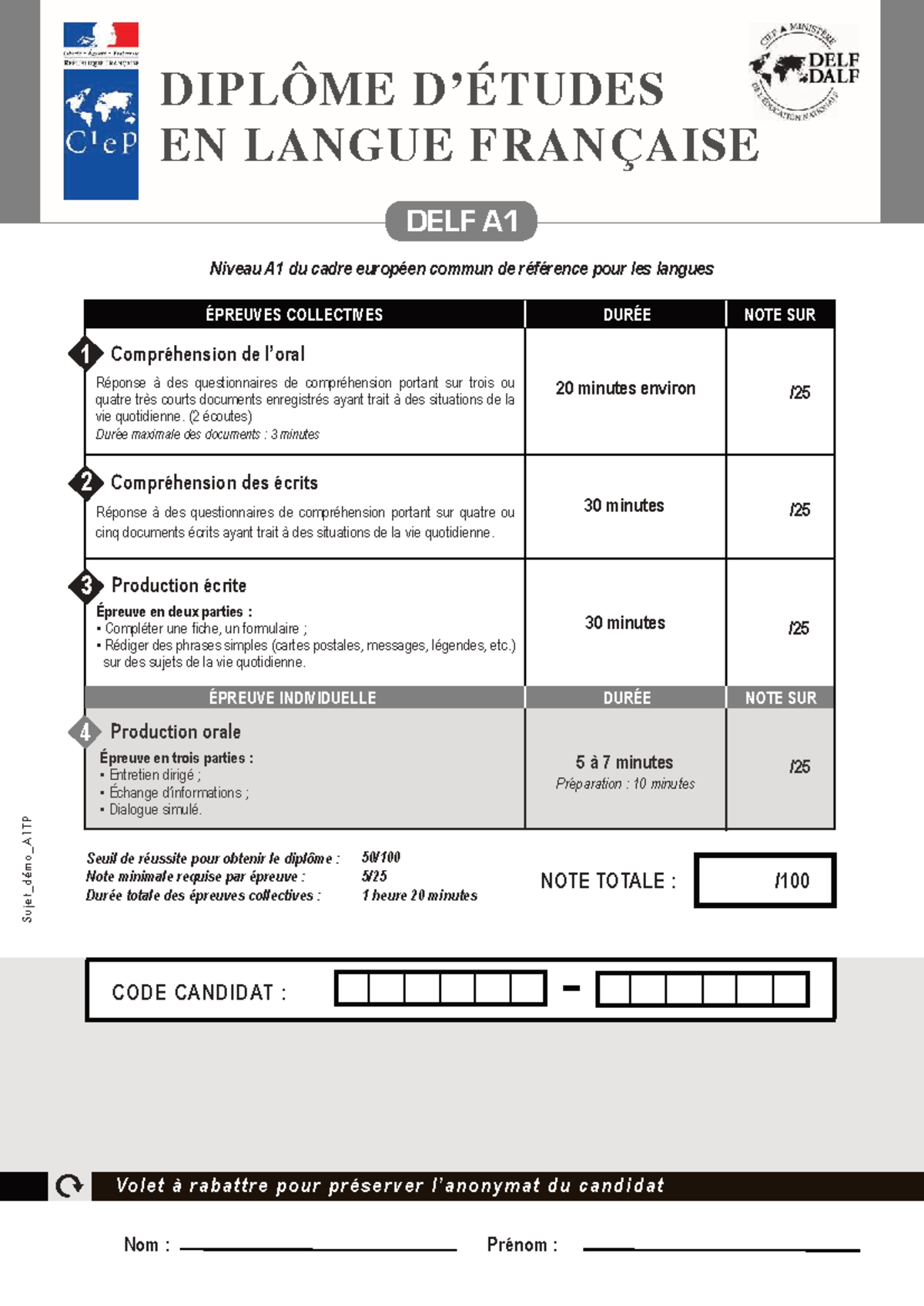 Exemple 4 - DELF A1 TP: Compréhension Écrite, Orale & Production Écrite ...