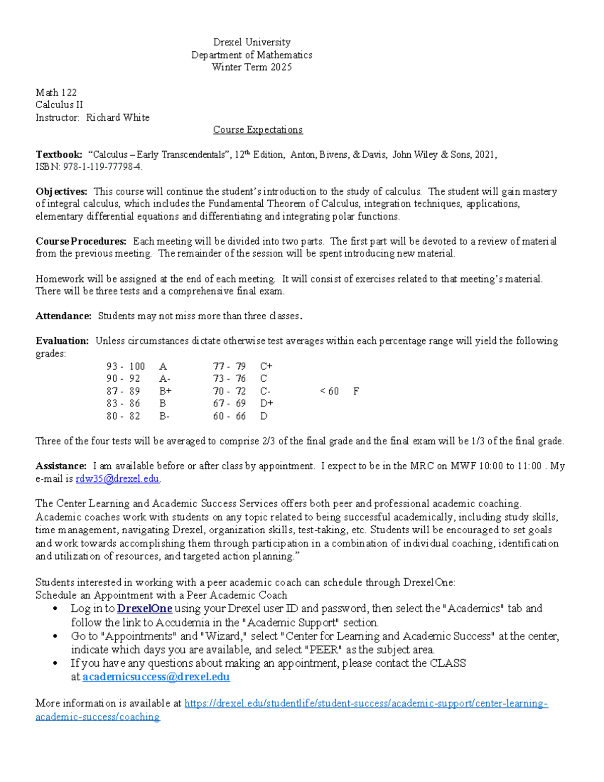 Math 122 Syllabus: Calculus II Winter Term 2025 at Drexel University ...