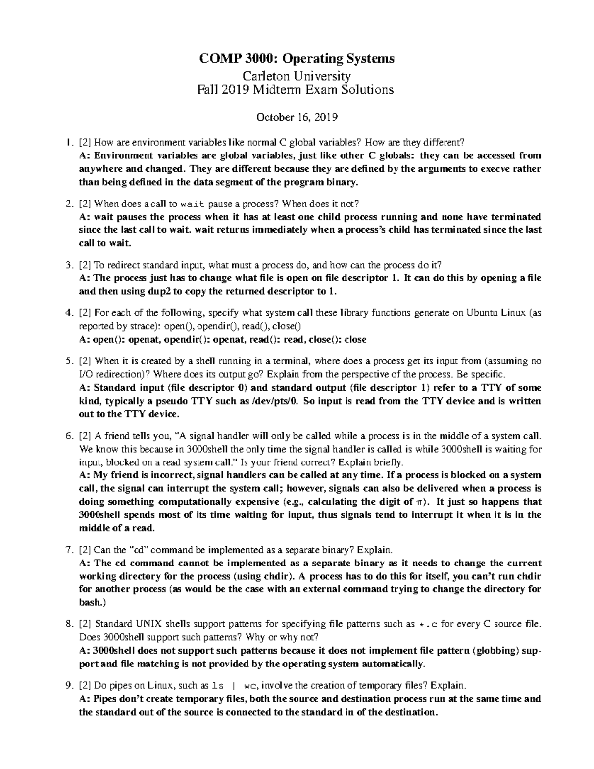 COMP 3000 Fall 2019 Midterm Exam Solutions and Insights - Studocu