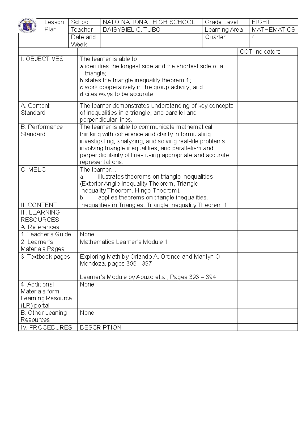 Lesson Plan: Inequalities in Triangles for Math 8 - Studocu