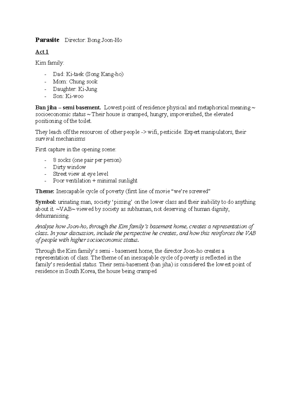 Parasite (Film Analysis) - Class Representation & Socioeconomic Themes ...