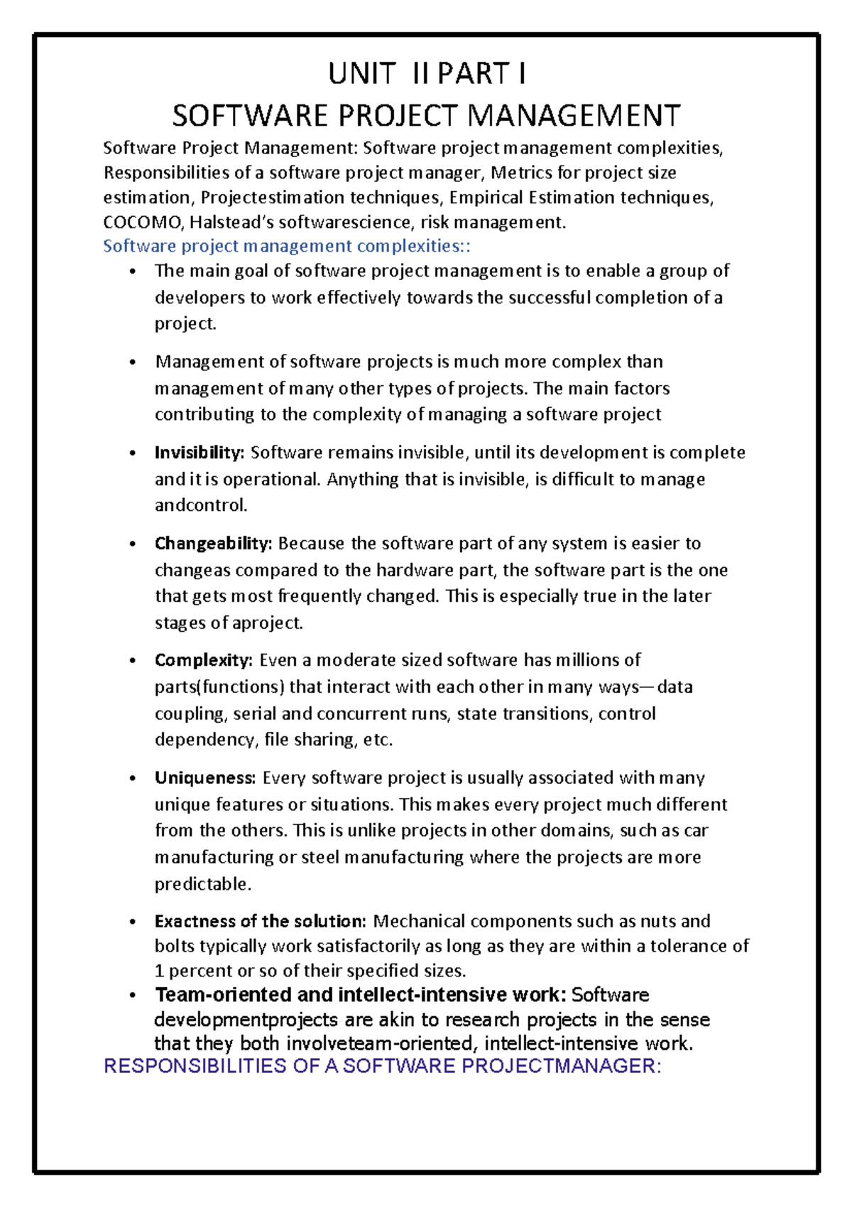 SE UNIT 2 I - Software Project Management Overview and Techniques - Studocu