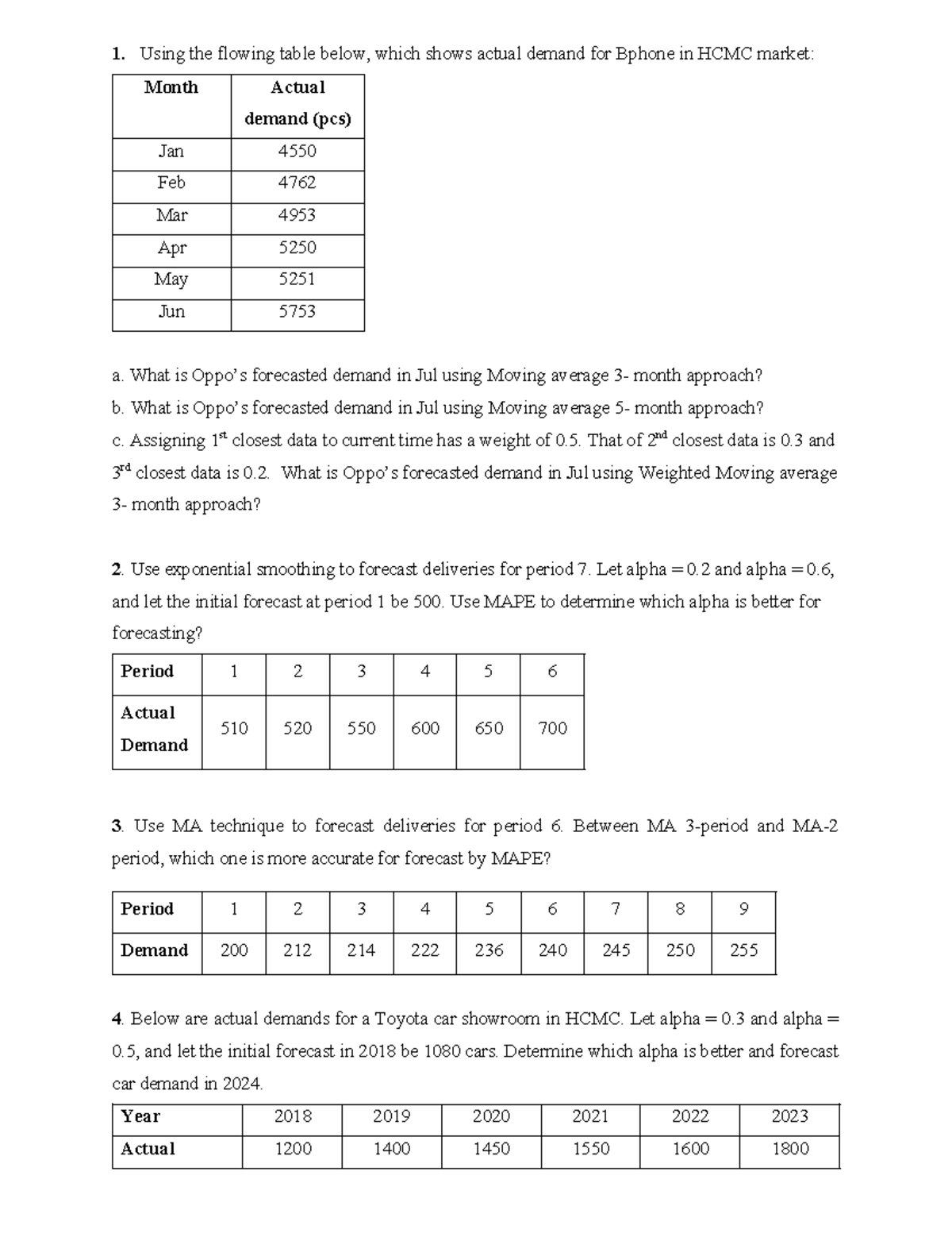 Demand Forecasting Exercises - Using the flowing table below, which ...
