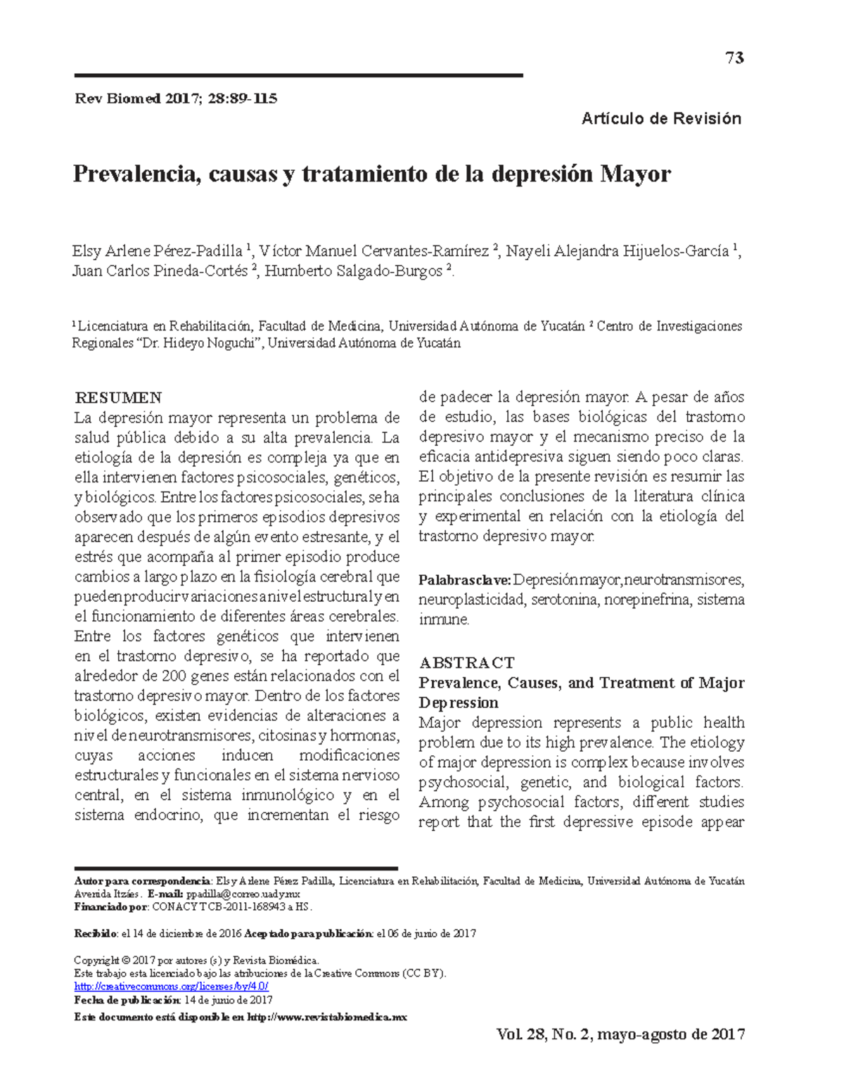 73 Rev Biomed: Prevalencia, Causas y Tratamiento de la Depresión Mayor ...