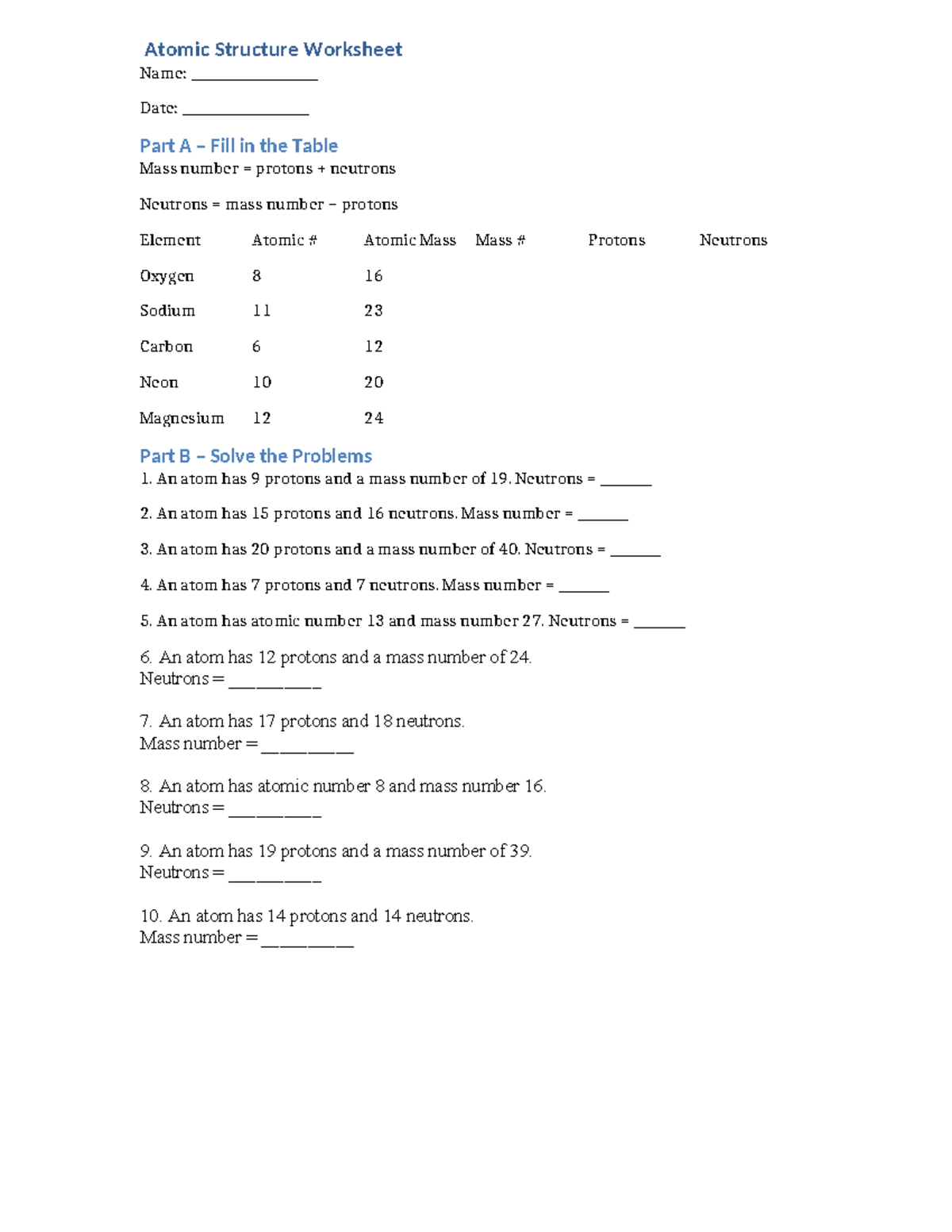 Atomic Structure Worksheet: Protons, Neutrons & Mass Numbers - Studocu