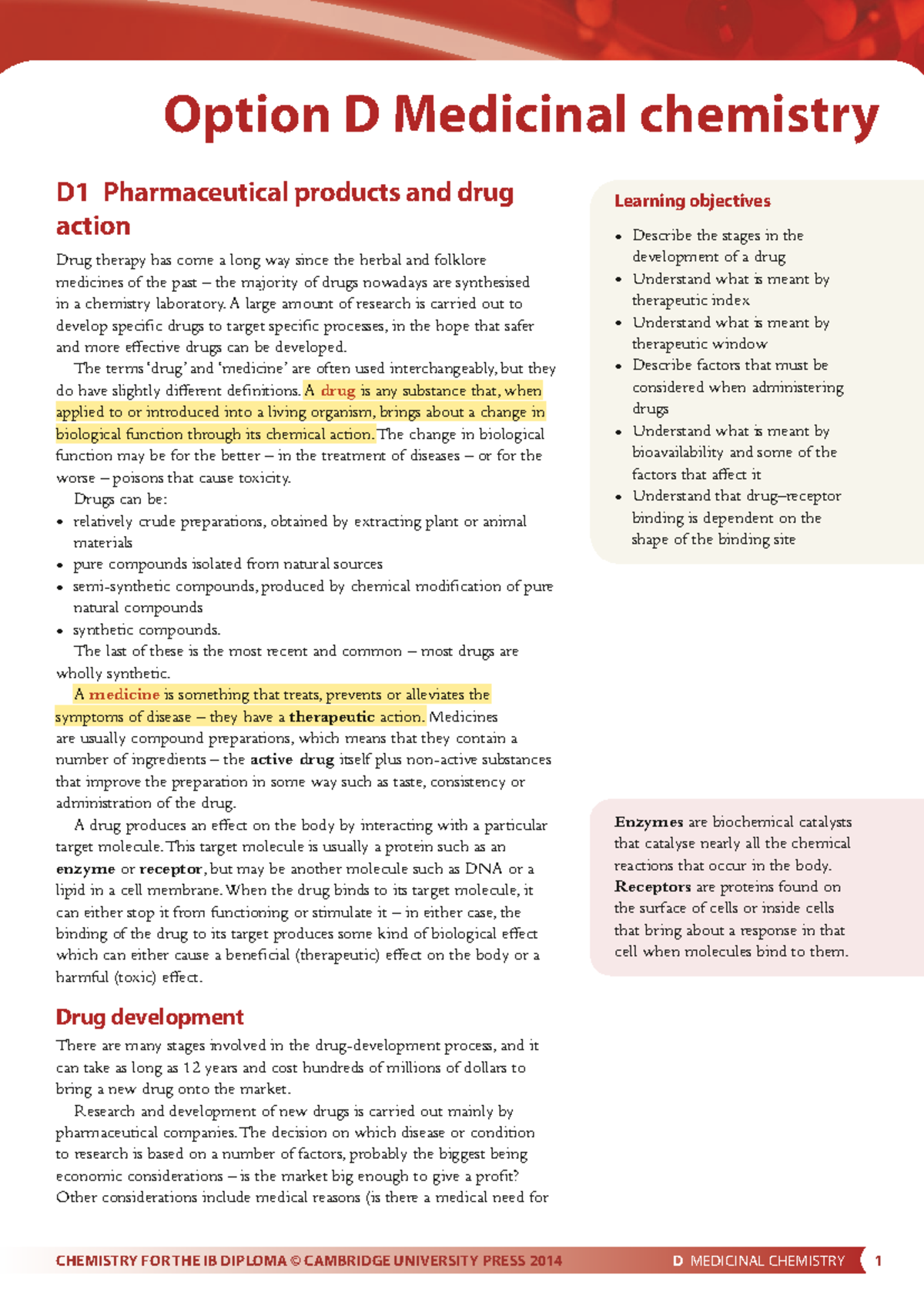 Option D: Medicinal Chemistry D1 - Drug Development and Action - Studocu