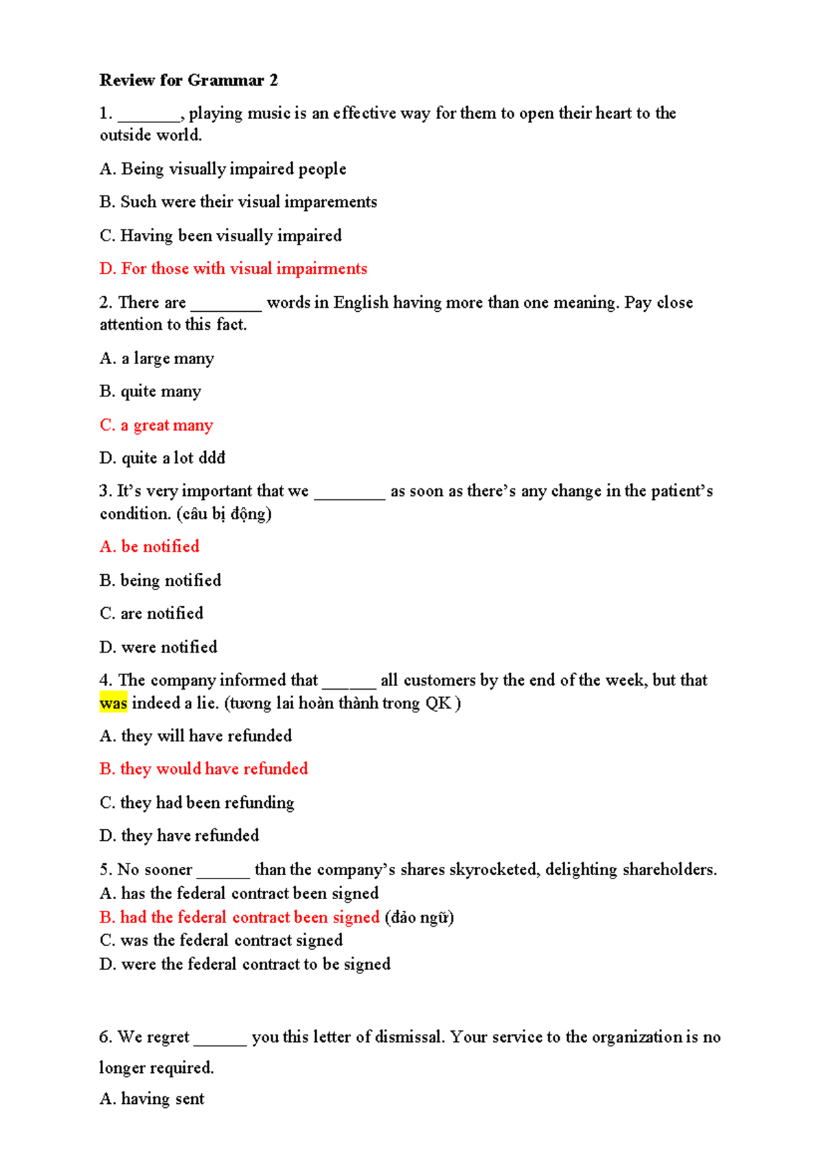 Review for Grammar 2: Practice Questions and Answers - Studocu
