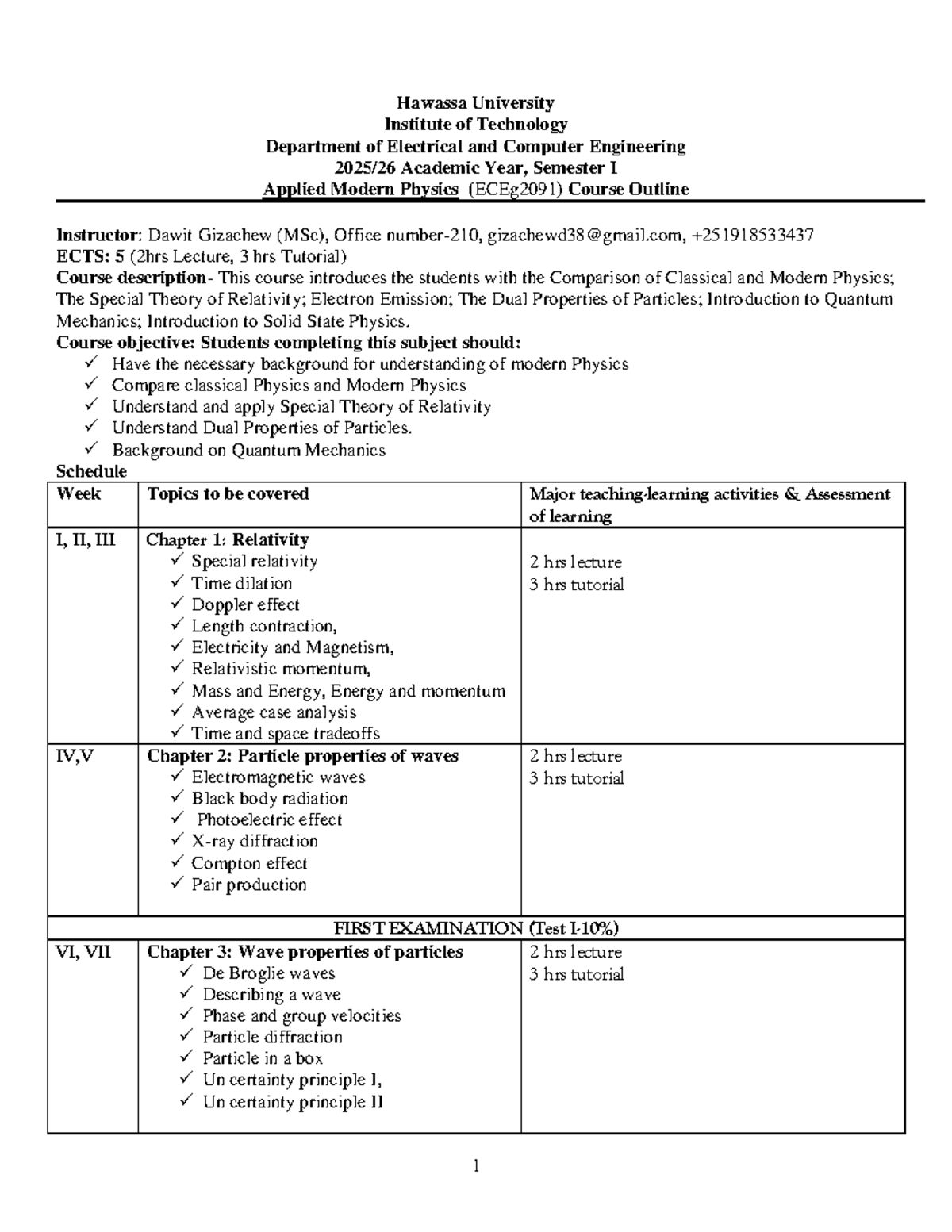 Applied Modern Physics (ECEg2091) Course Outline - Semester I - Studocu