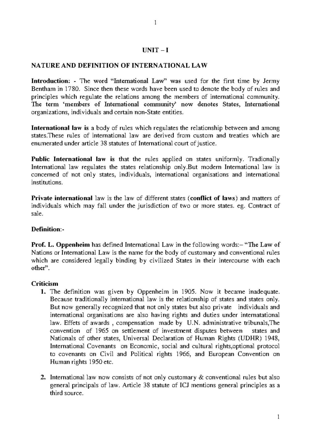 1 UNIT I NATURE AND DEFINITION OF INTERNATIONAL LAW: An Overview of ...