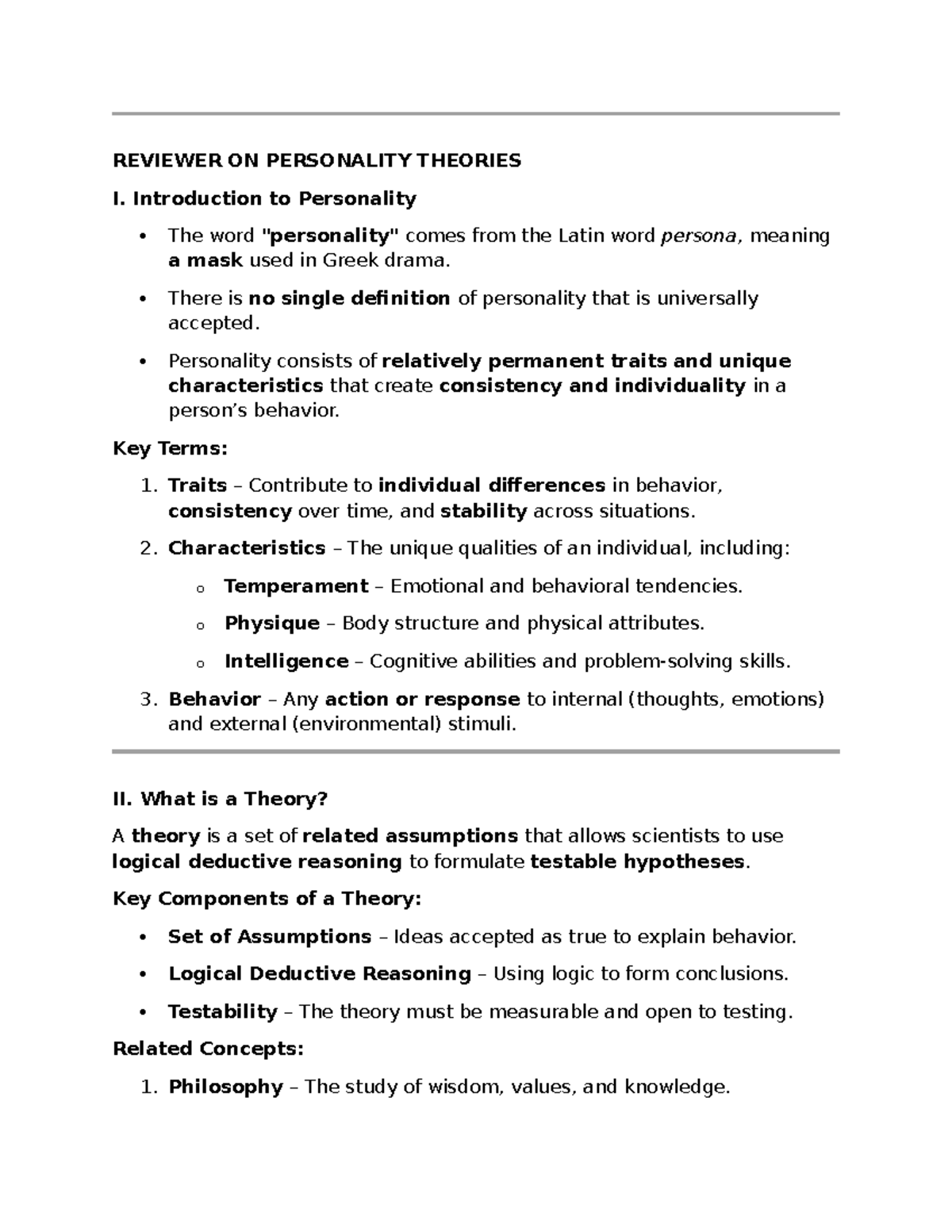 Reviewer ON Personality Theories - REVIEWER ON PERSONALITY THEORIES I. Introduction to ...