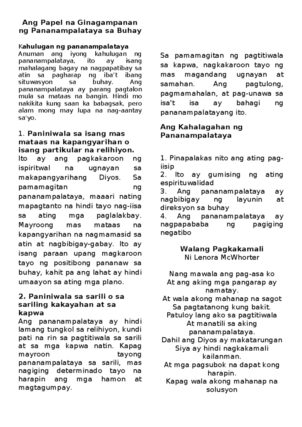 Ang Papel ng Pananampalataya sa Buhay: Kahalagahan at Epekto - Studocu