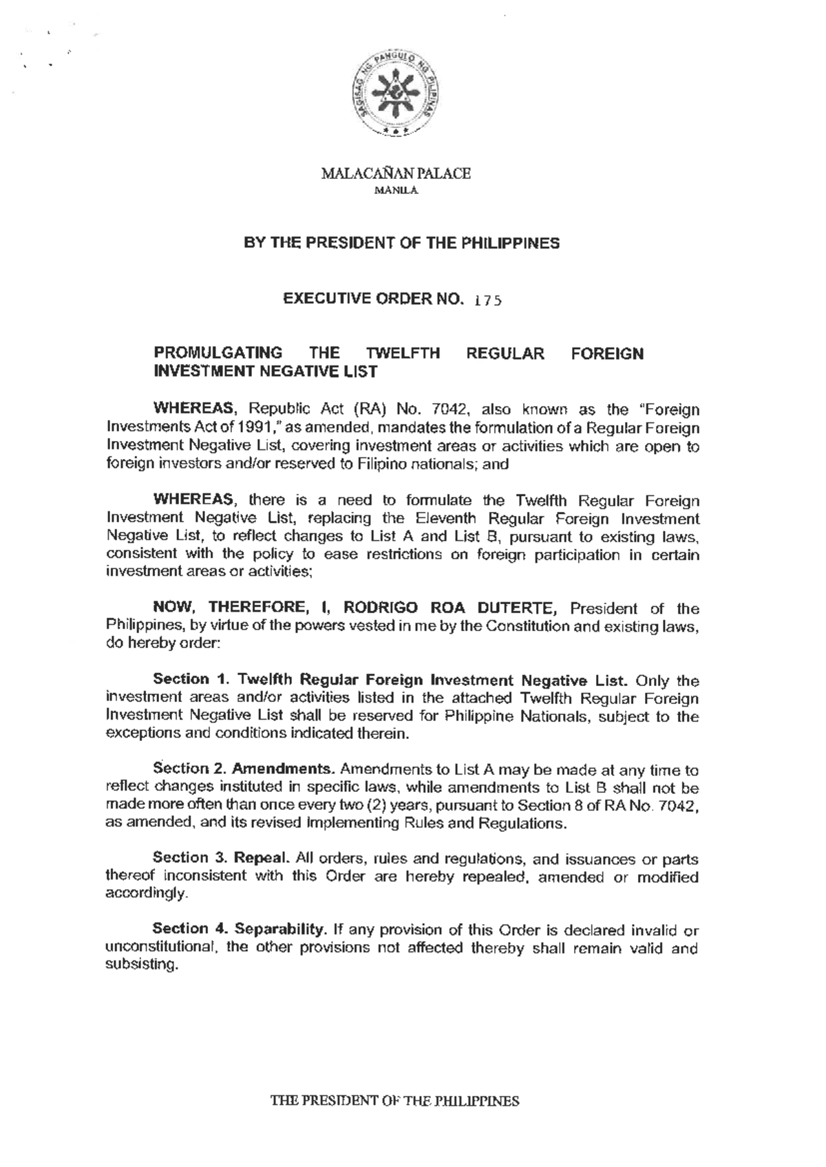 Executive Order No. 175: Twelfth Regular Foreign Investment Negative ...