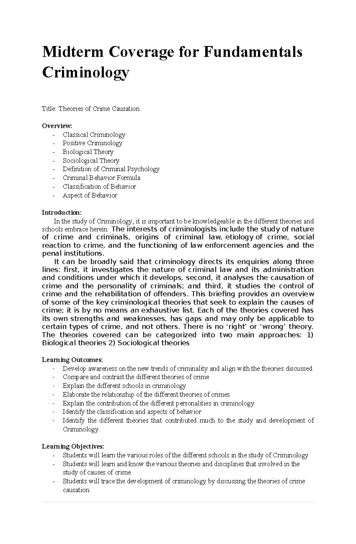 Intro to Criminology (CRIM101) Midterm Lecture Notes on Crime Theories ...
