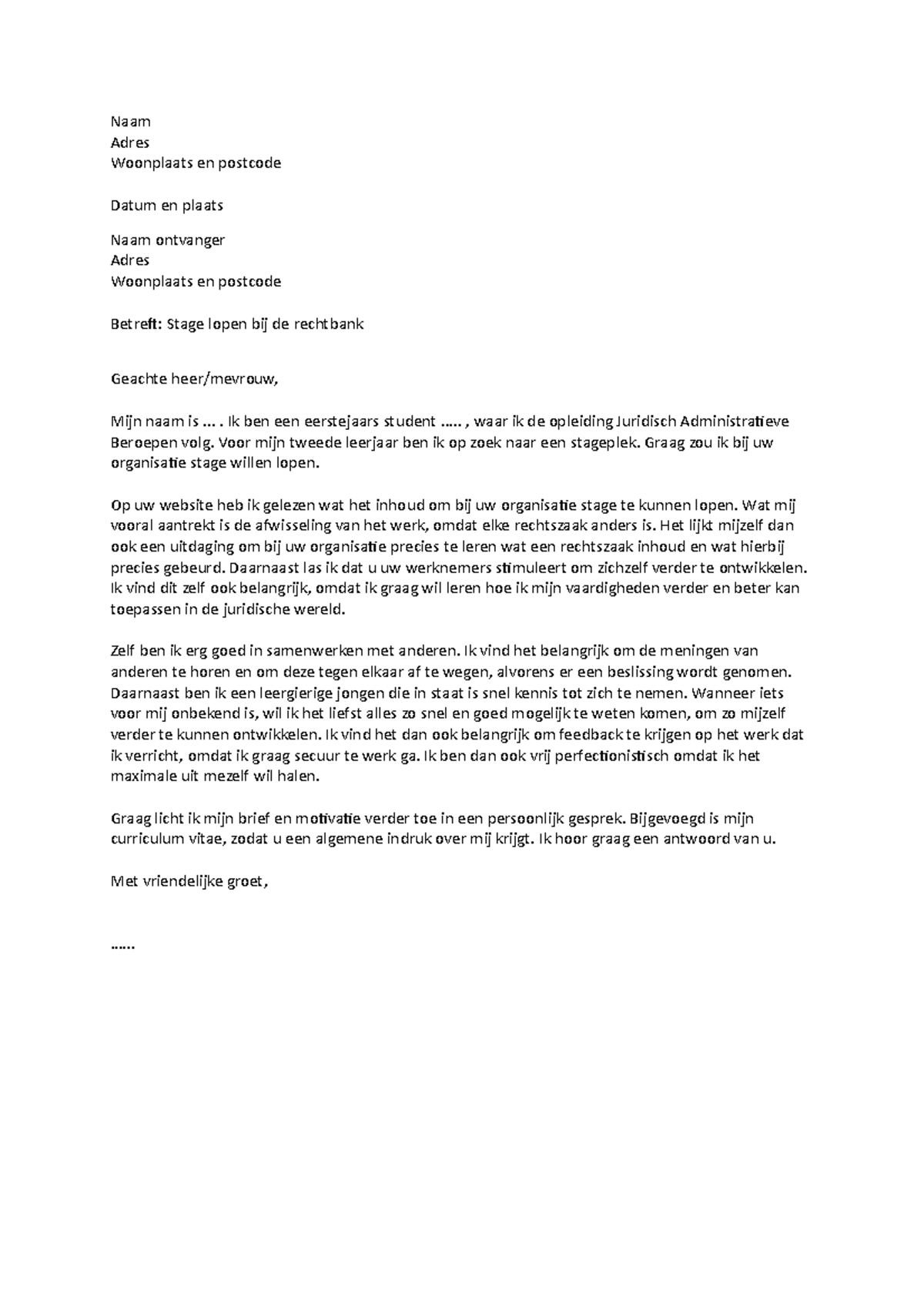 Voorbeeld sollicitatiebrief JAD - Naam Adres Woonplaats en postcode ...
