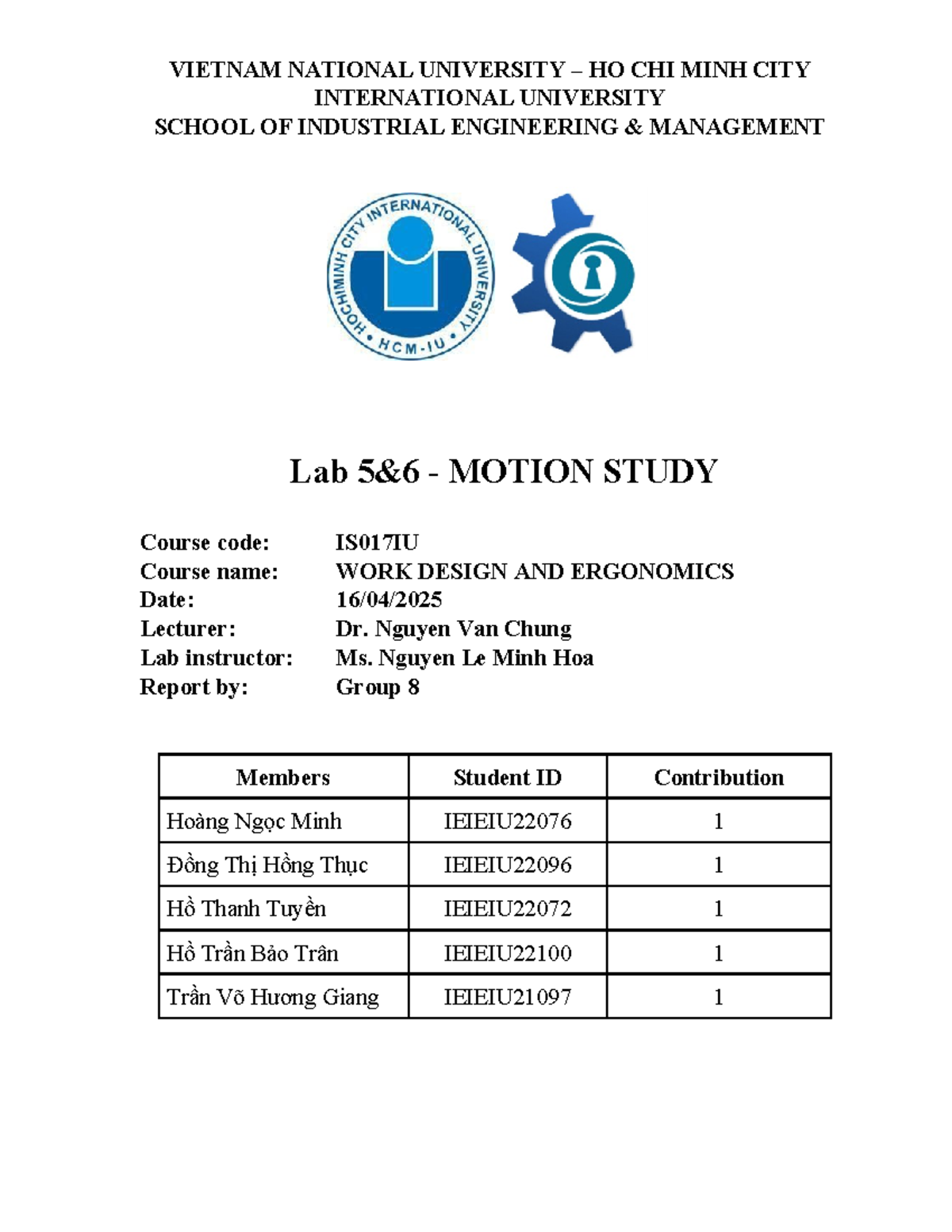 IS017IU Lab Report: Motion Study Techniques and Analysis - Studocu