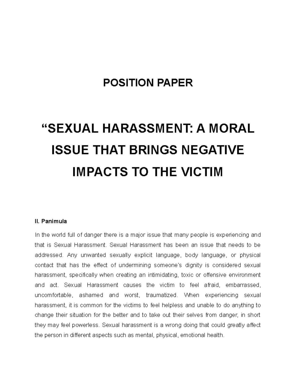 Position Paper on Sexual Harassment: A Moral Issue with Severe Impacts ...