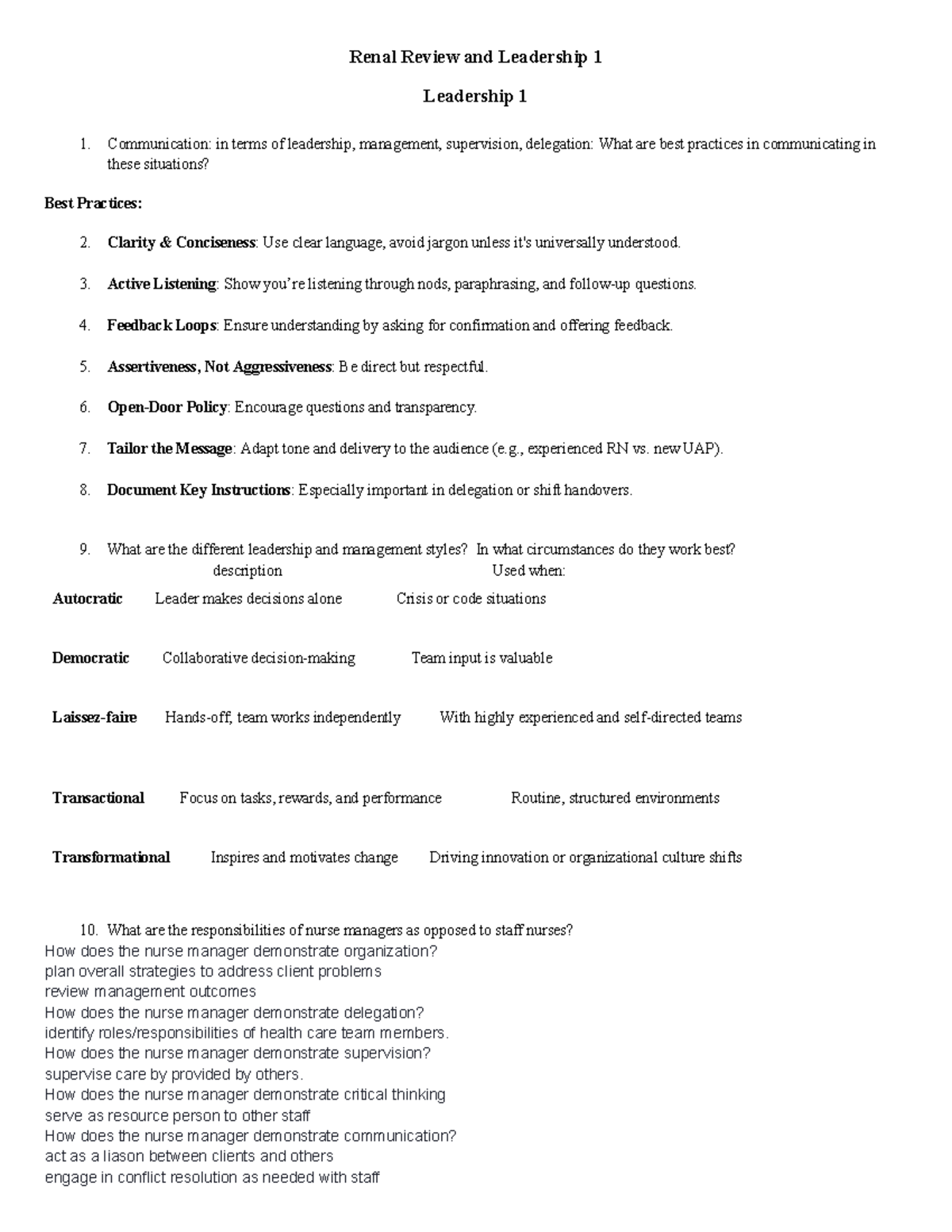 NUR243 - Exam 2 Study Guide: Leadership, Communication, and Renal ...