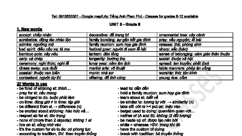 Words in Use: Unit 5 Grade 8 - Vocabulary & Practice by Mr. Phu - Studocu