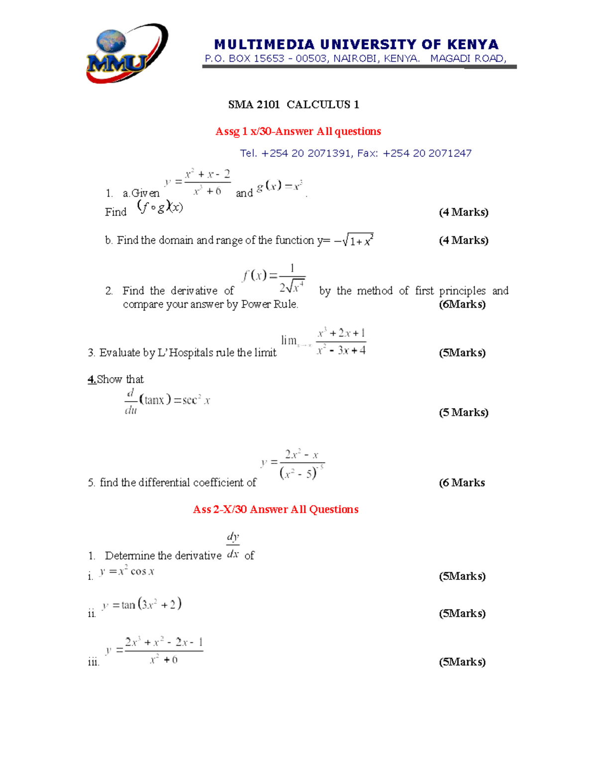 SMA 2101 Calculus 1 Assignment 1: Derivatives and Limits - Studocu