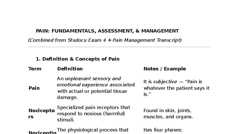 PAIN 101: Fundamentals, Assessment & Management Lecture Notes - Studocu