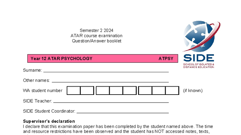 2024 ATAR Year 12 Psychology Exam Booklet - Studocu
