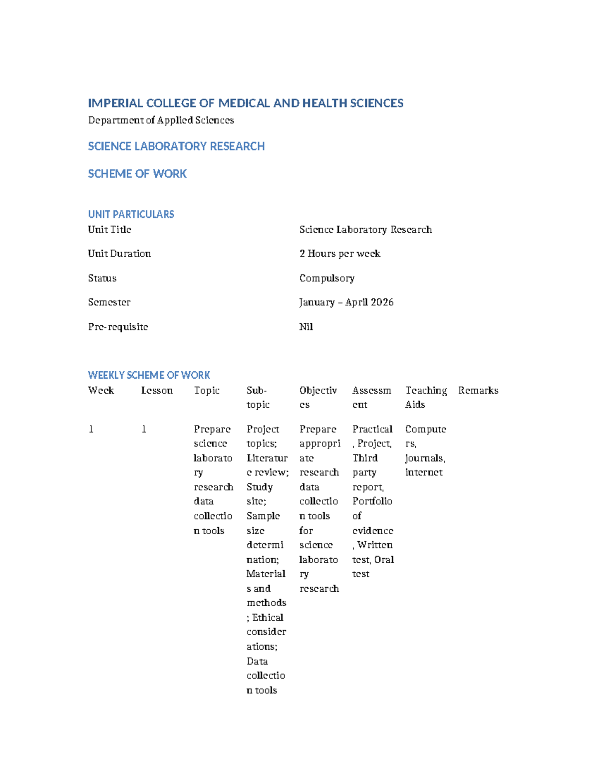 Science Laboratory Research Scheme of Work (Unit Code: SLR 2026) - Studocu