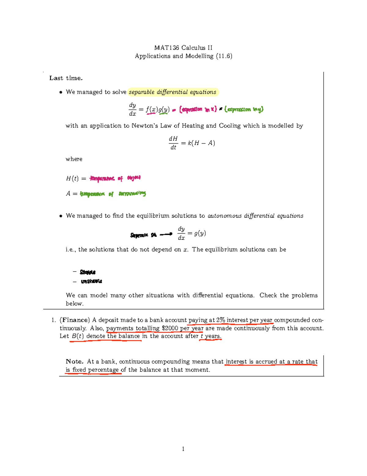 MAT136 Calculus II Lecture 14: Differential Equations Applications ...