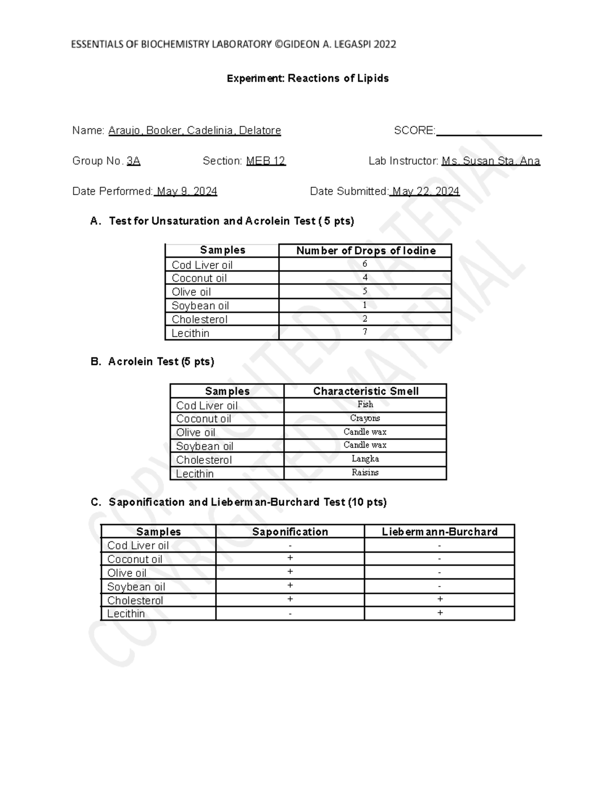G3A MEB12 Lab Worksheet: Reactions of Lipids and Study Analysis - Studocu