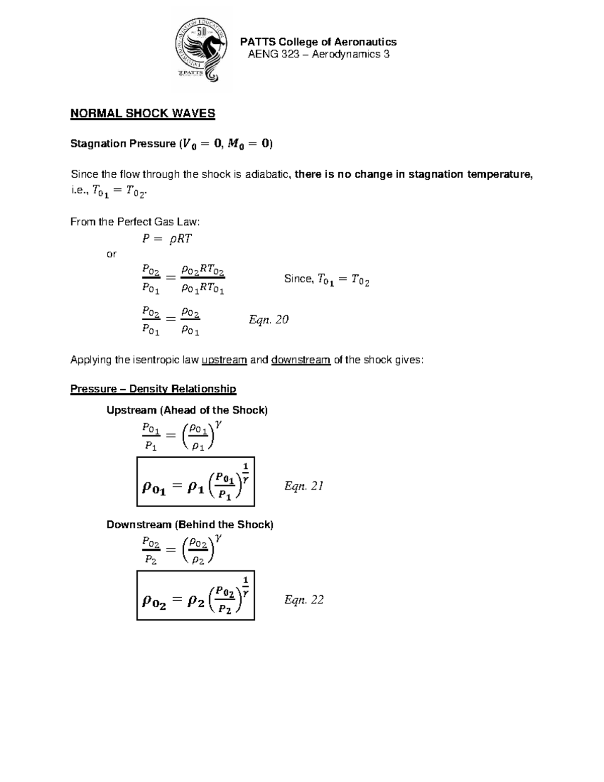 AENG 323 Aerodynamics 3: Normal Shock Waves & Stagnation Pressure - Studocu