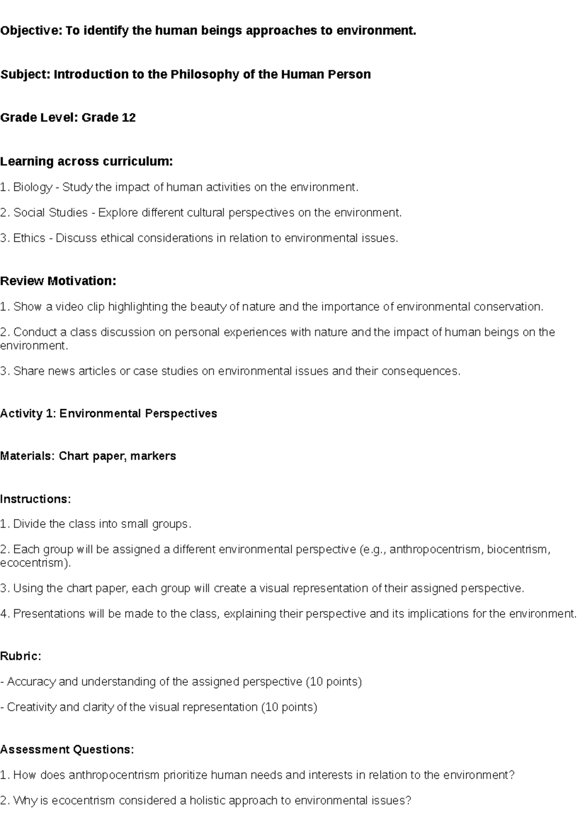 Lesson Plan: Understanding Human Perspectives on the Environment - Studocu