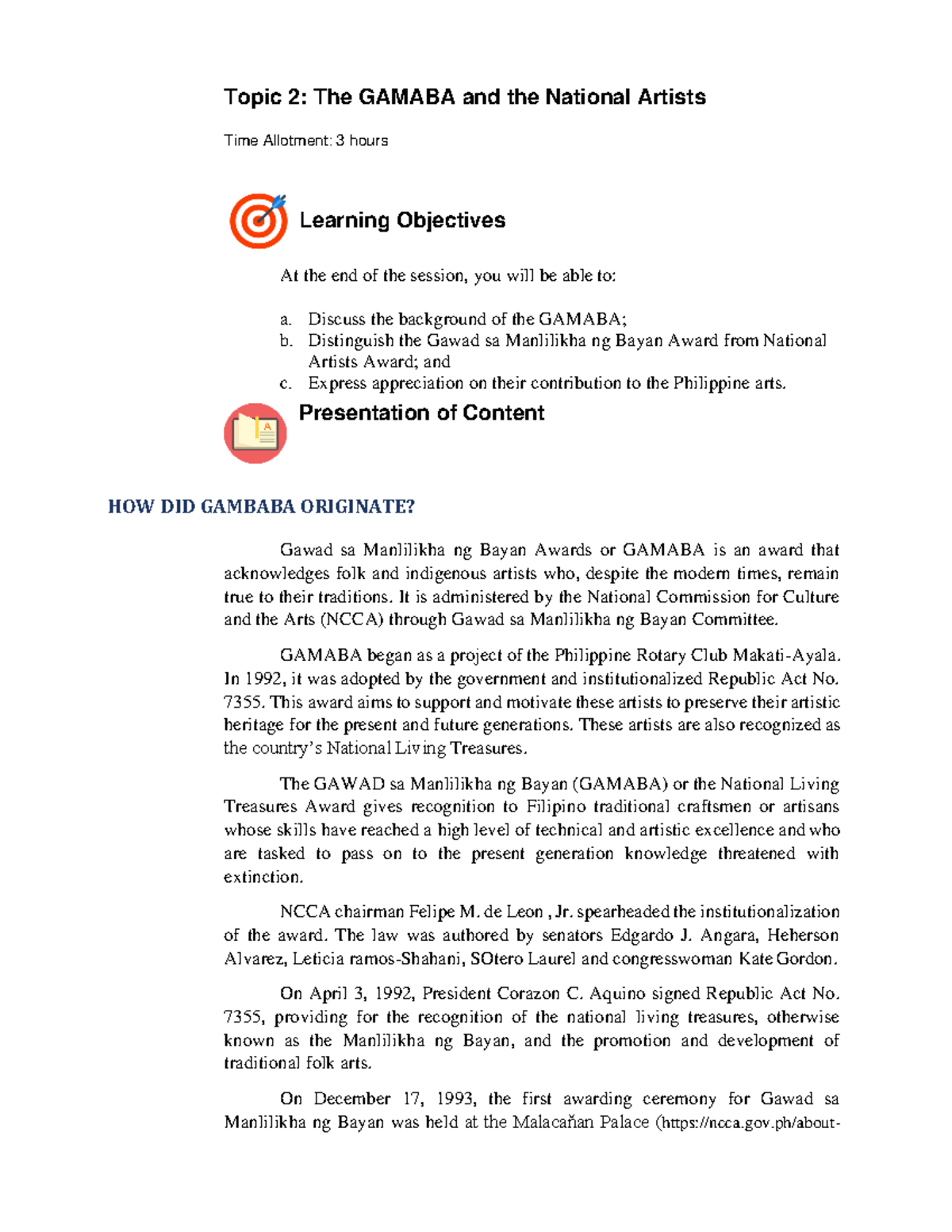 Unit 3 Topic 2: Understanding GAMABA and National Artists in PH - Studocu