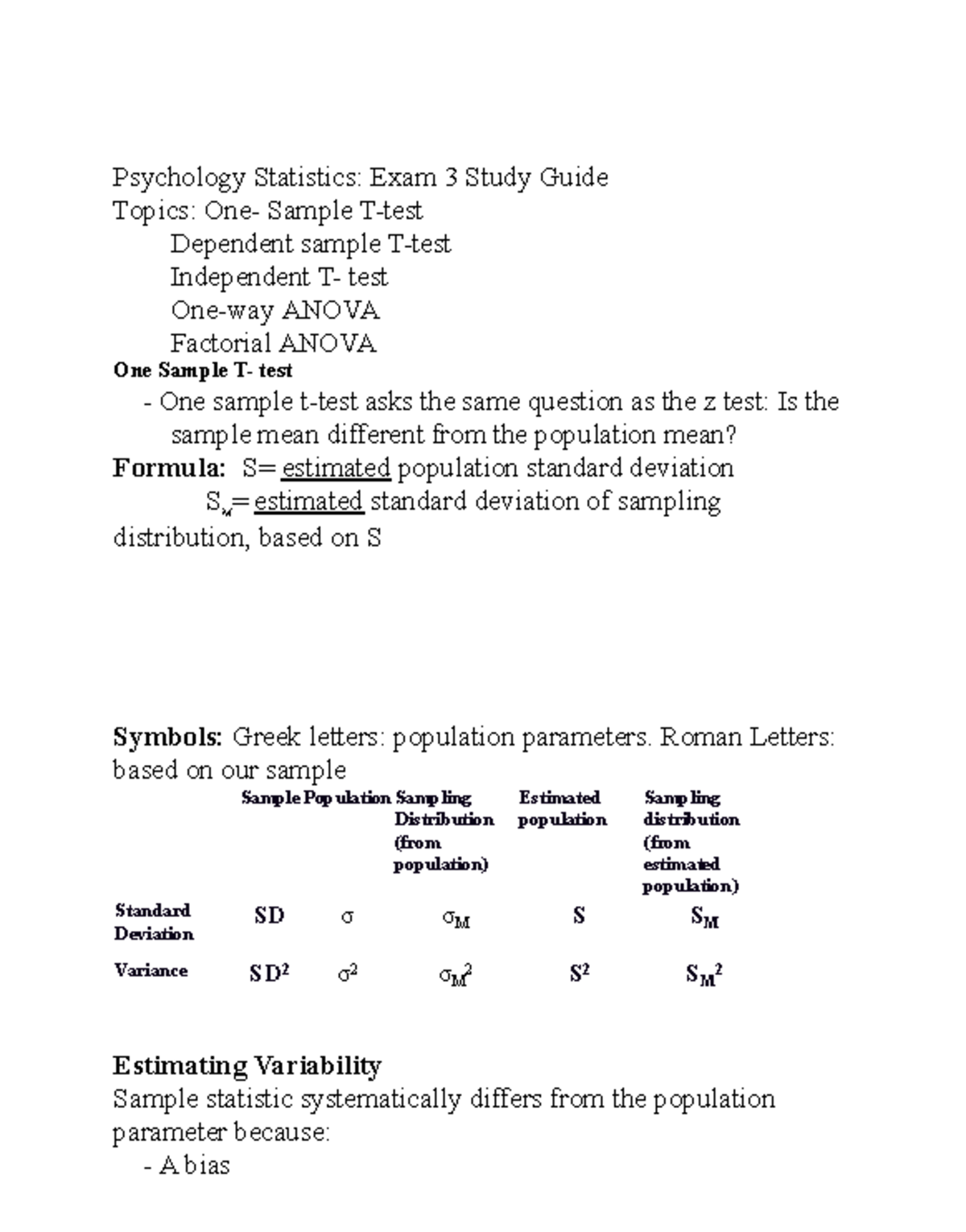 Psychology Statistics 301 Exam 3 Study Guide: T-tests & ANOVA Concepts ...
