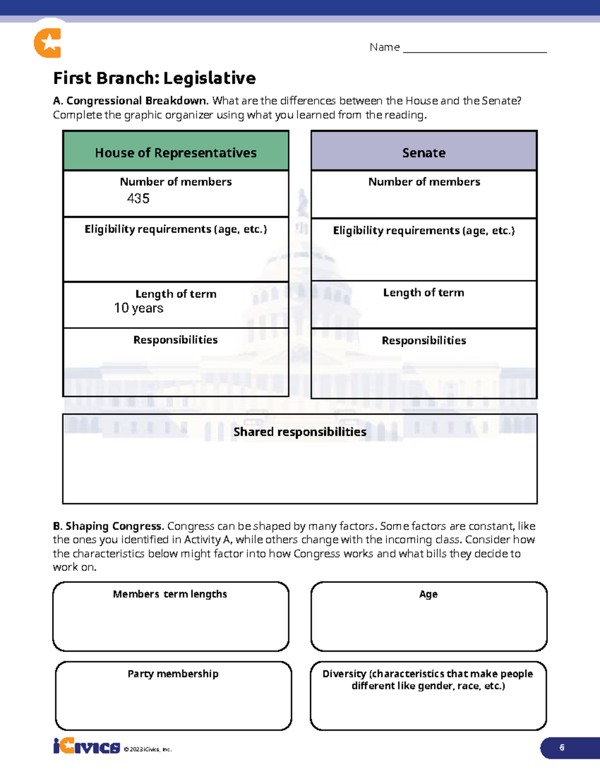 Legislative Branch Worksheet - Understanding Congress Structure and ...