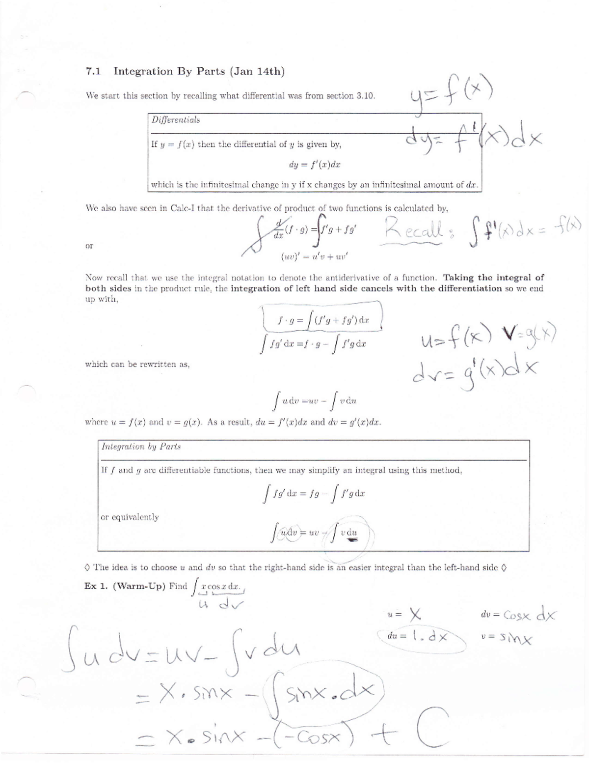 7.1 Integration by Parts Notes (Jan 14th) - Key Concepts & Examples ...