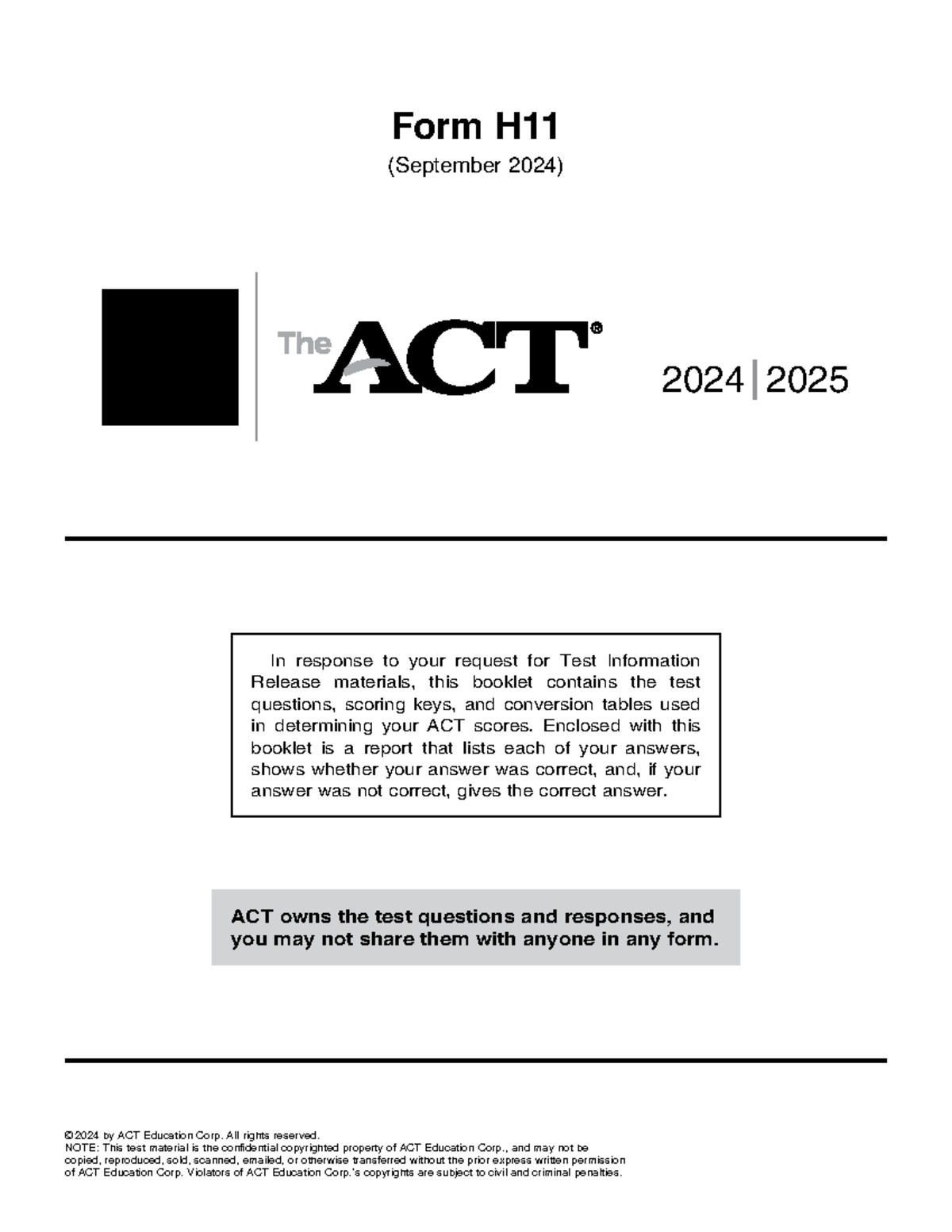 2024 09 ACT Form H - Test Information and Scoring Guide - Studocu