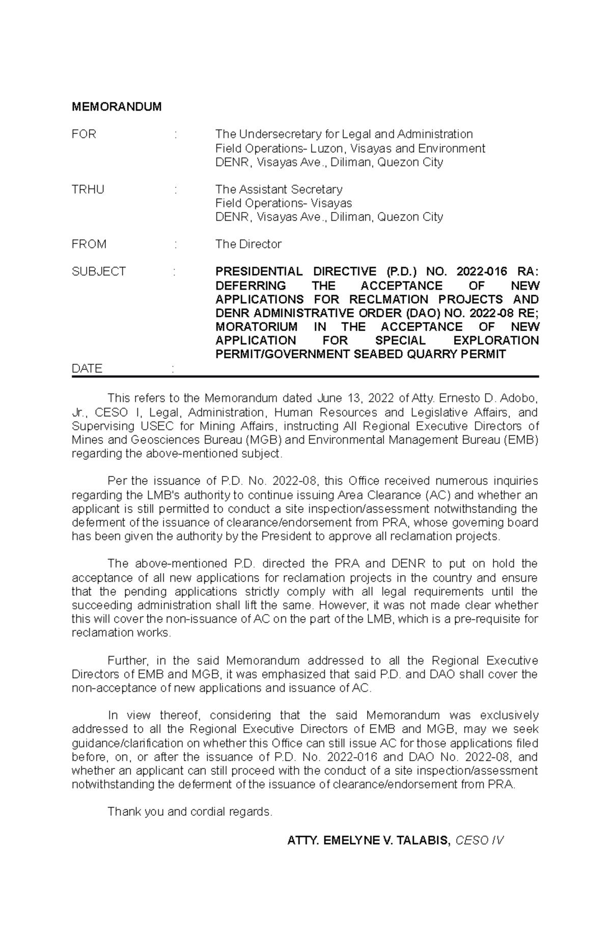 P.D. No. 2022-016: Clarifications on Reclamation Application Moratorium ...