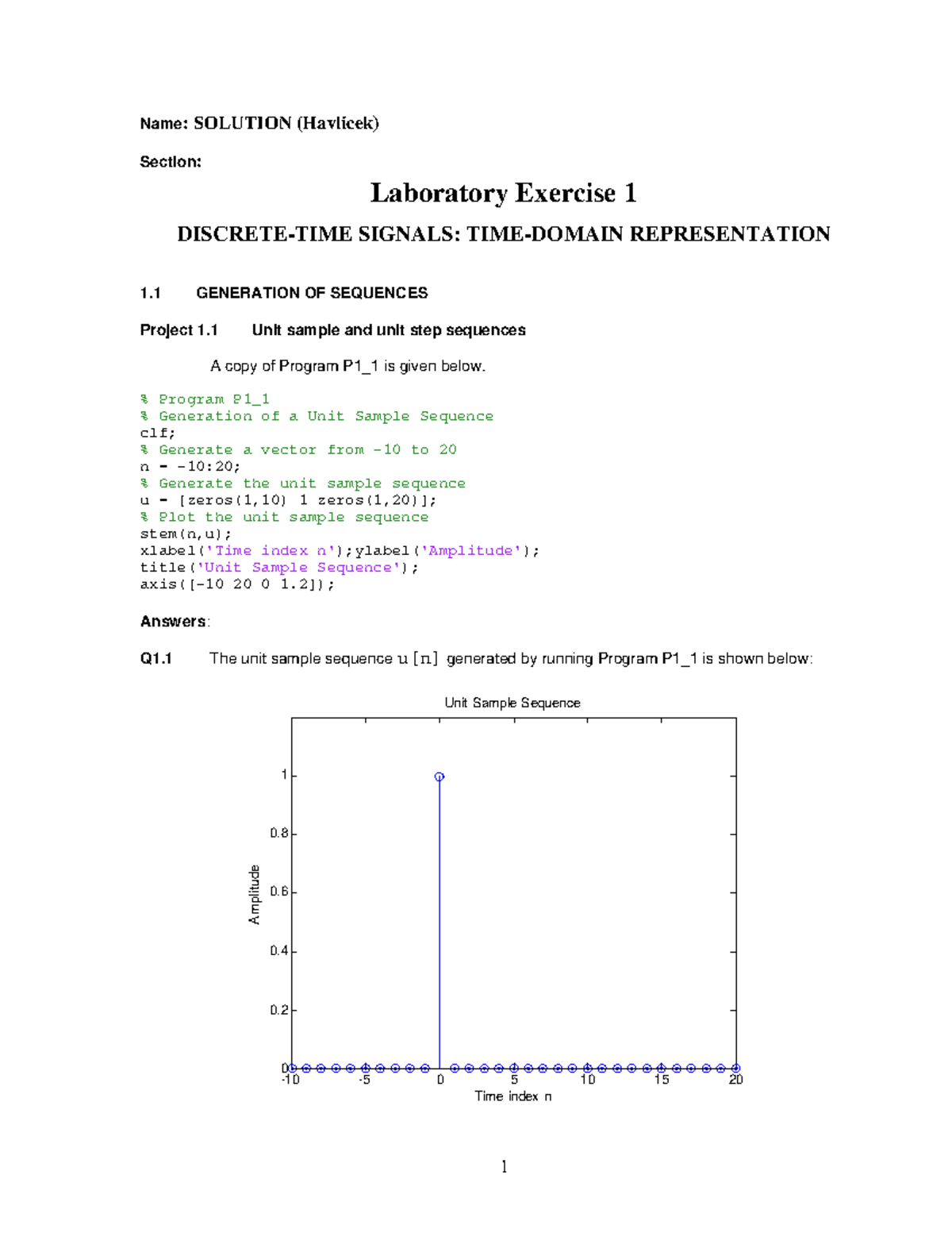 Hw01sol - Answer sheet - Name: SOLUTION (Havlicek) Section: Laboratory Exercise 1 DISCRETE-TIME ...