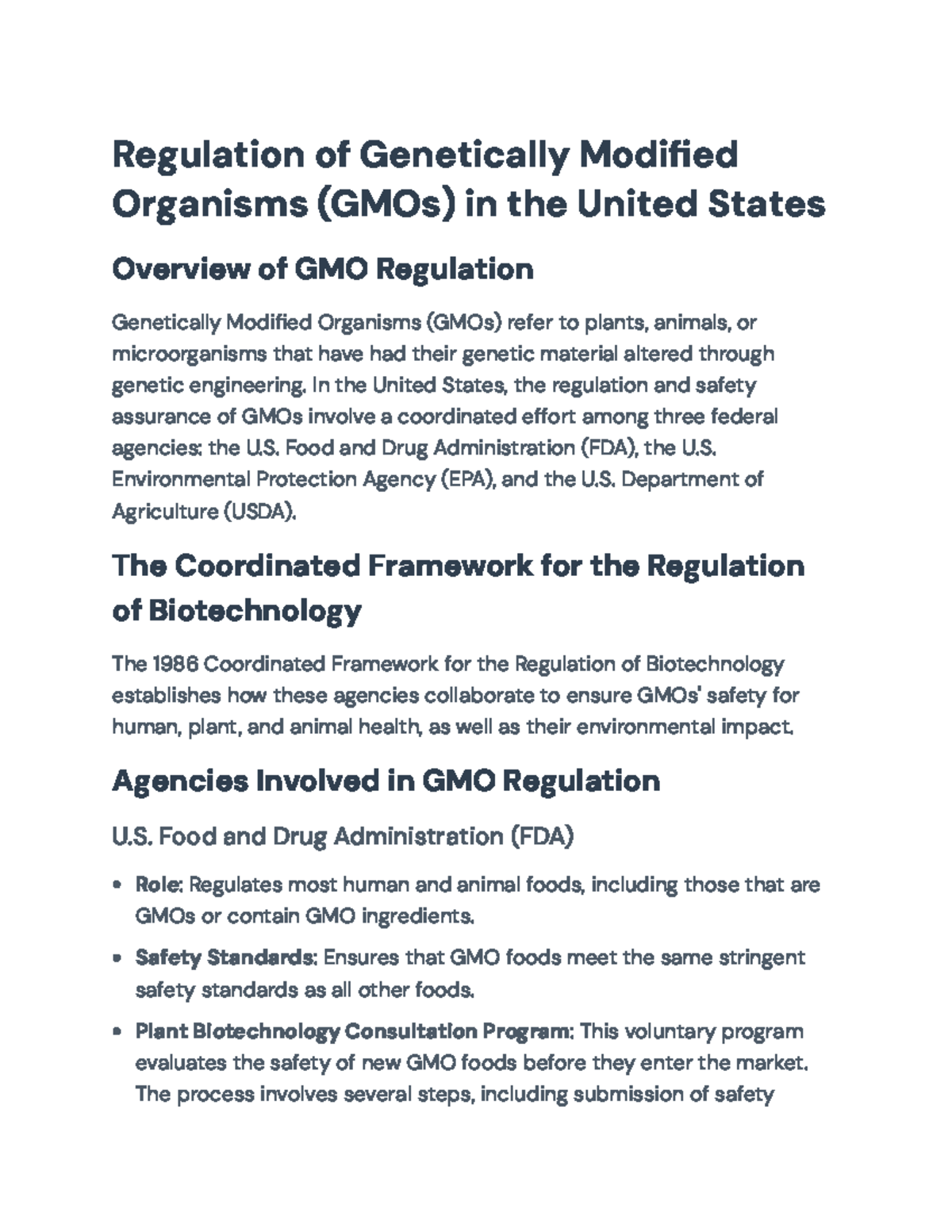 Regulation of GMOs in the U.S.: Safety, Agencies, and Standards ...